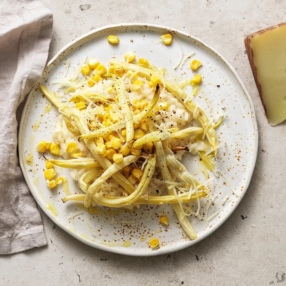 Risotto med majs, rostade vaxbönor och manchego | Recept ICA.se