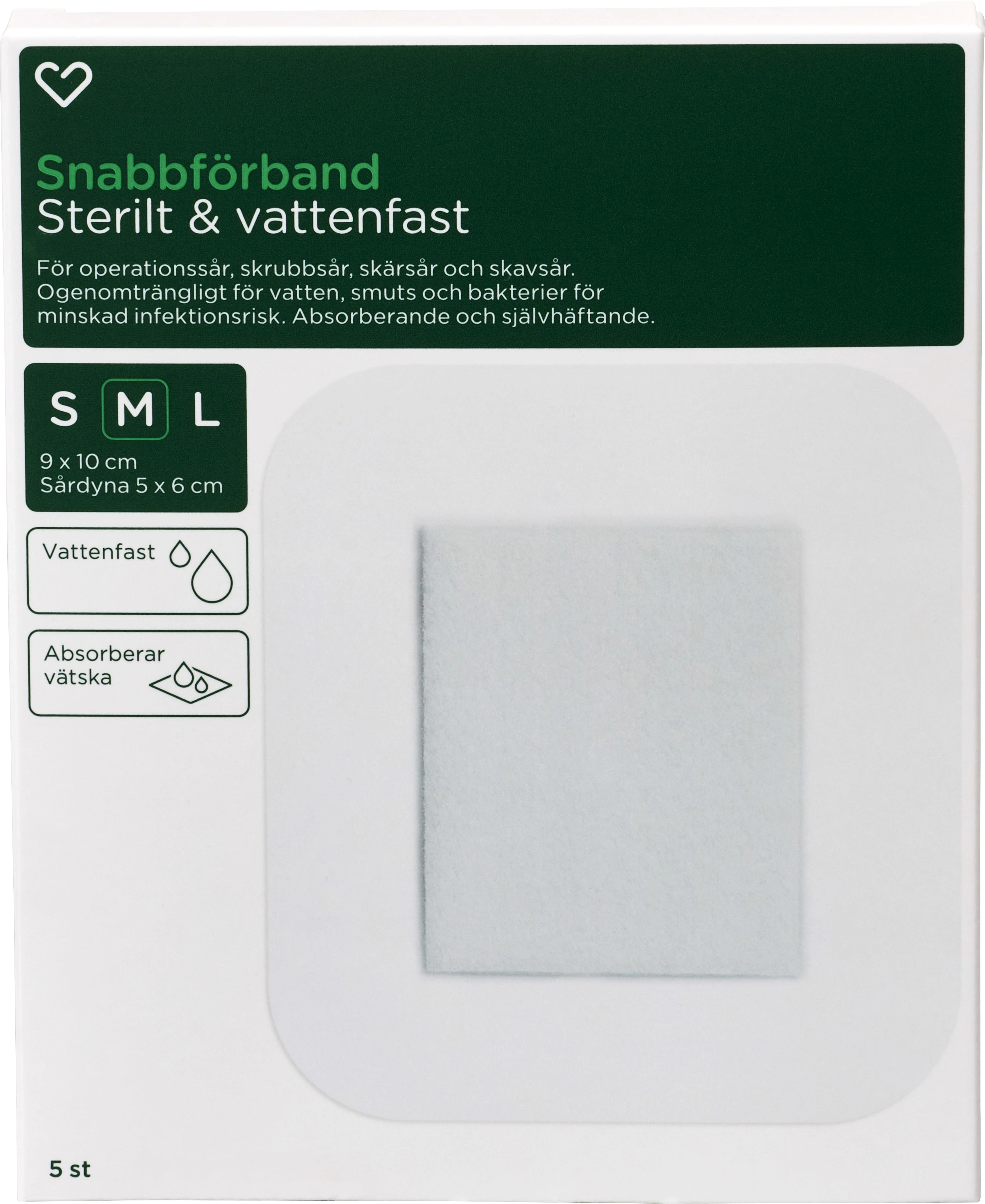 Hjärtats Snabbförband Sterilt Vattenfast 9cm x 10cm 5st | Apotek Hjärtat