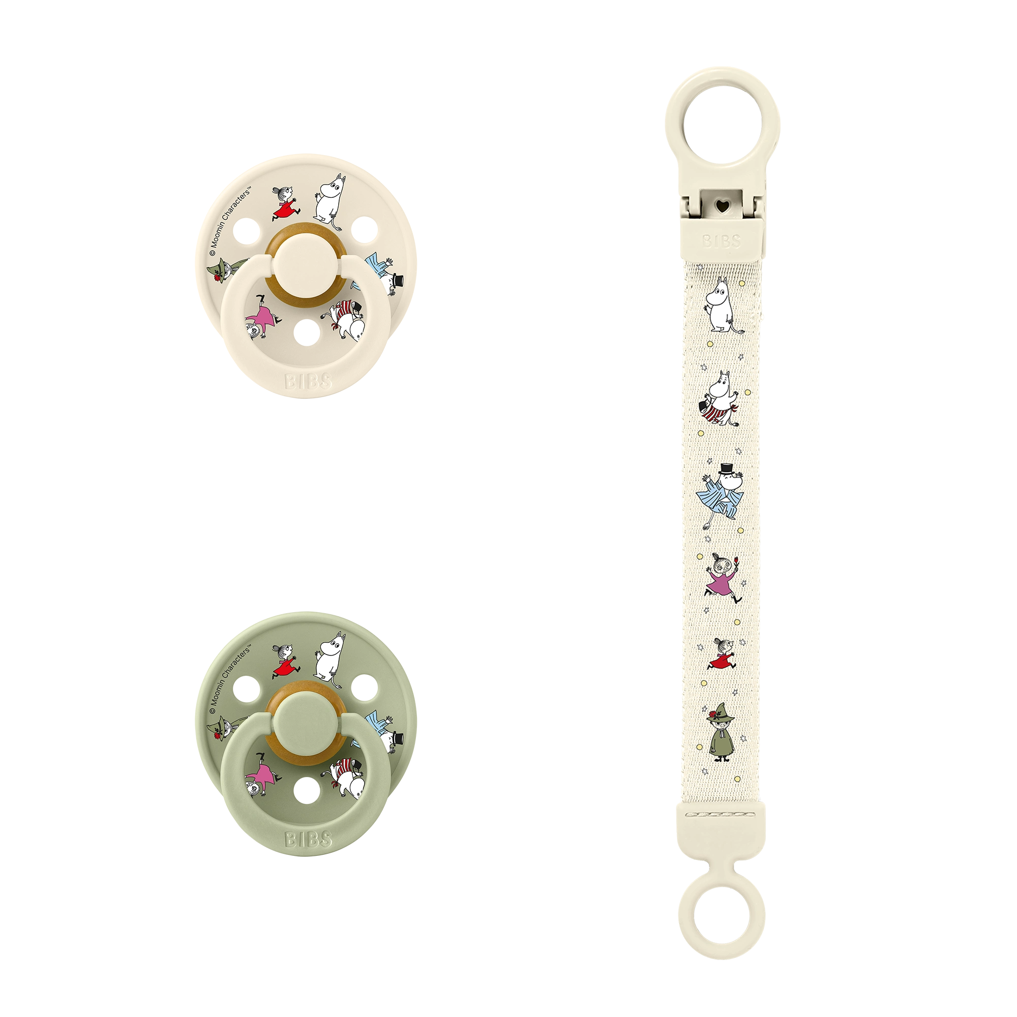 Bibs x Moomins Colour Pacifier & Loop Clip Gift Set Latex Size 2 Ivory/Sage | Apotek Hjärtat