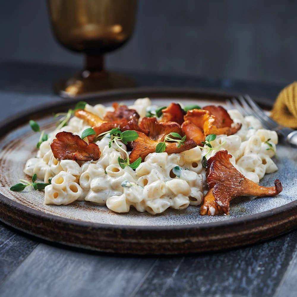 Parmesanstuvade makaroner med smörstekta kantareller | Recept ICA.se